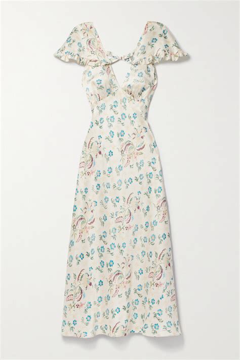DÔen Eldora Ruffled Floral Print Silk Satin Maxi Dress Ivory Shopstyle