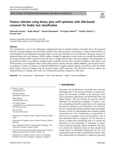 Pdf Feature Selection Using Binary Grey Wolf Optimizer With Elite Based Crossover For Arabic