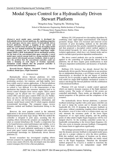 Pdf Modal Space Control For A Hydraulically Driven Stewart Platform