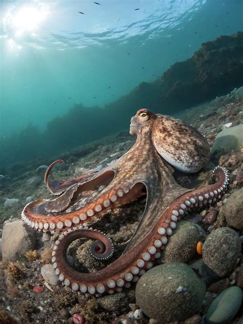 Giant Pacific Octopus In Resting Pose Underwater In Pristine Ocean