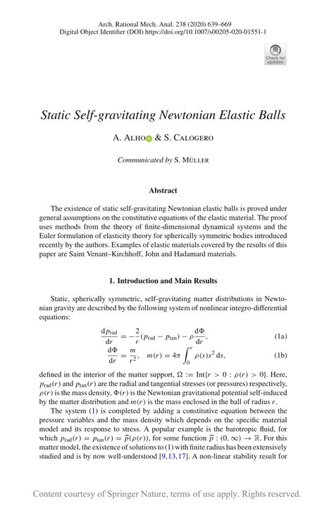 Static Self Gravitating Newtonian Elastic Balls Request Pdf