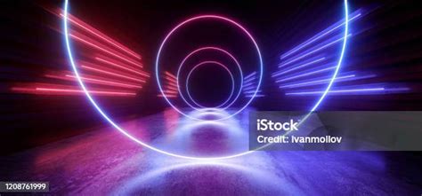 사이버 활기찬 레이저 서클 연단 보라색 레드 블루 네온 형광 팬톤 공상 과학 소설 미래 복도 창고 터널 파티 클럽 우주선 복도 3d 렌더링 3차원 형태에 대한 스톡 사진 및