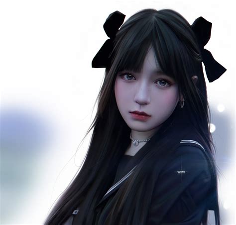 배경 화면 피부 말뿐인 겉옷 속눈썹 Flash Photography 앞머리 흑발 히메 컷 겹친 머리카락 가발 긴 머리 Cg Artwork