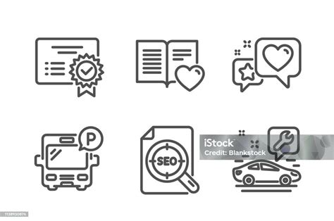 인증서 Seo 파일 및 버스 주차 아이콘을 설정 합니다 사랑 책 마음과 자동차 서비스 표지판 벡터 고객에 대한 스톡 벡터 아트