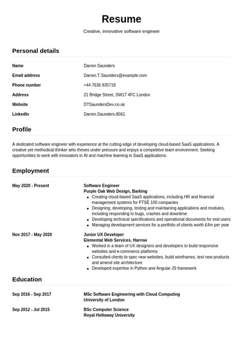 Software Engineer CV Example Jobseeker