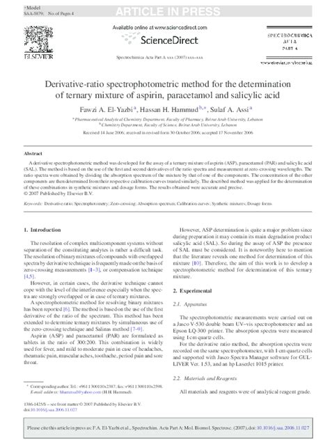 Pdf Derivative Ratio Spectrophotometric Method For The Determination Of Ternary Mixture Of