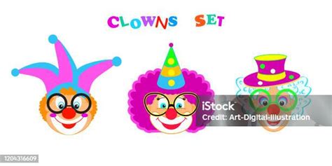 다른 카니발 마스크 광대 이모티콘 아이콘 아바타 부스 소품 재미 광대 웃는 얼굴 세트 벡터 플랫 아이콘입니다 만화 캐릭터