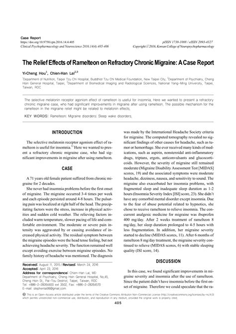 Pdf The Relief Effects Of Ramelteon On Refractory Chronic Migraine A Case Report