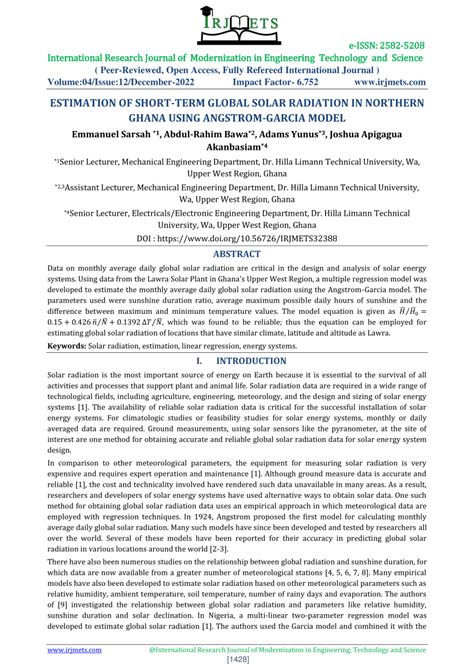 Pdf Estimation Of Short Term Global Solar Radiation In Northern Ghana Using Angstrom Garcia Model