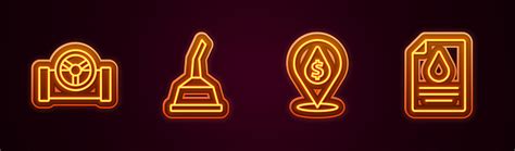 밸브가 있는 세트 라인 오일 파이프 모터 기계 오일용 캐니스터 드롭 달러 기호 및 계약 금액 및 펜 빛나는 네온 아이콘입니다 벡터 가격에 대한 스톡 벡터 아트 및 기타