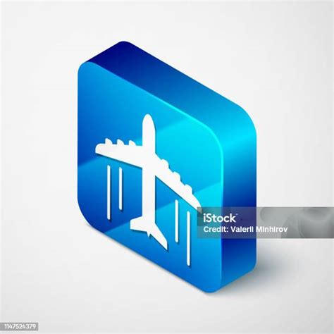 아이소메트릭 평면 아이콘 흰색 배경에 고립입니다 비행 비행기 아이콘입니다 여객기 기호입니다 파란색 사각형 버튼을 클릭 합니다 벡터 일러스트 0명에 대한 스톡 벡터 아트 및