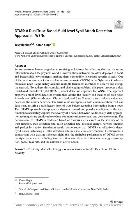 Dtms A Dual Trust Based Multi Level Sybil Attack Detection Approach In Wsns Request Pdf