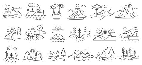 라인 아트 풍경 자연 지형 여행 및 하이킹 위치 윤곽선 벡터 세트 편집 가능한 스트로크 경로 개념에 대한 스톡 벡터 아트 및