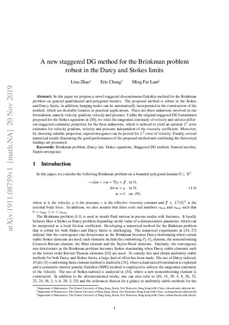 Pdf A New Staggered Dg Method For The Brinkman Problem Robust In The Darcy And Stokes Limits