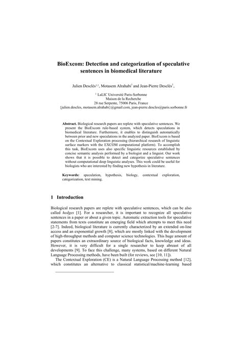 Pdf Bioexcom Detection And Categorization Of Speculative Sentences