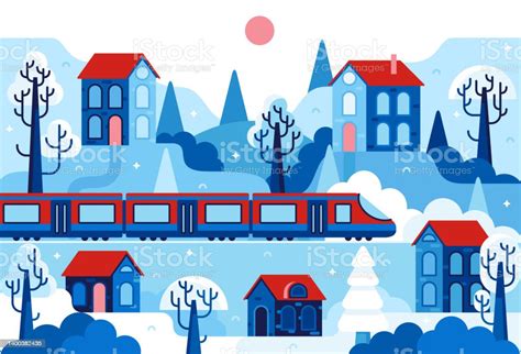 기차는 마을을 통과합니다 고속 열차와 빨간 지붕이있는 집이있는 벡터 만화 일러스트 레이 션 기차에 대한 스톡 벡터 아트 및 기타