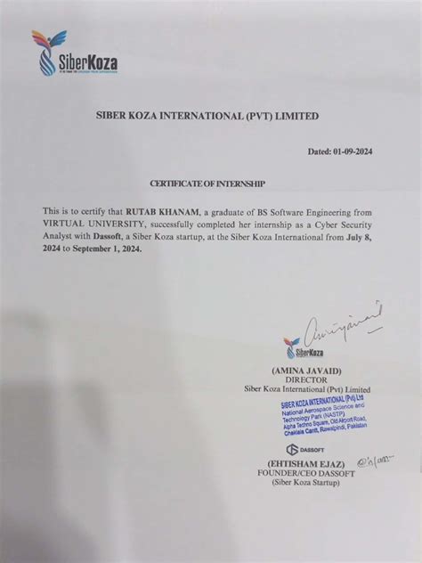 Rutab Khan On Linkedin Internship Cybersecurity Careergrowth Dassoft Siberkoza