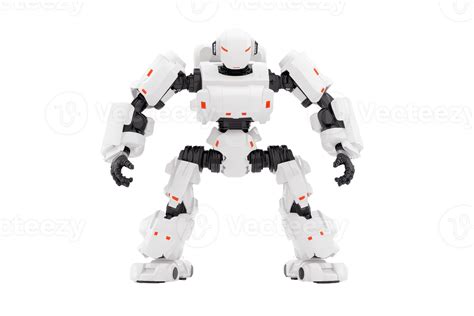 A Humanoid Robot Figure With Articulated Joints Featuring A White Body And Red Accents