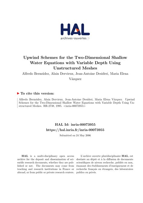 Pdf Upwind Schemes For The Two Dimensional Shallow Water Equations With Variable Depth Using