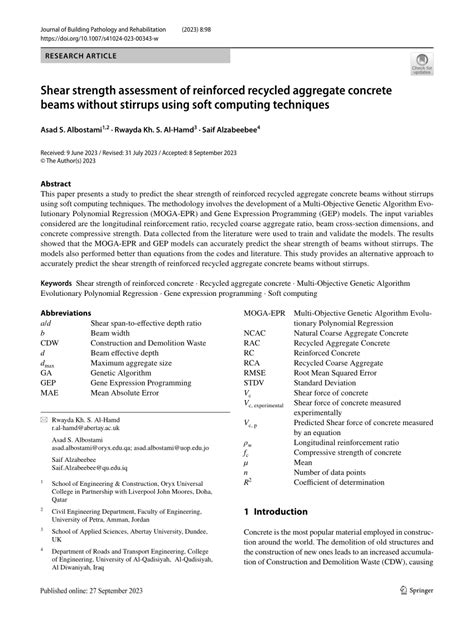 Pdf Shear Strength Assessment Of Reinforced Recycled Aggregate Concrete Beams Without Stirrups