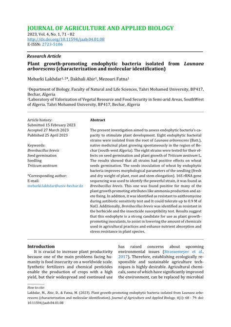 Pdf Plant Growth Promoting Endophytic Bacteria Isolated From Launaea Arborescens