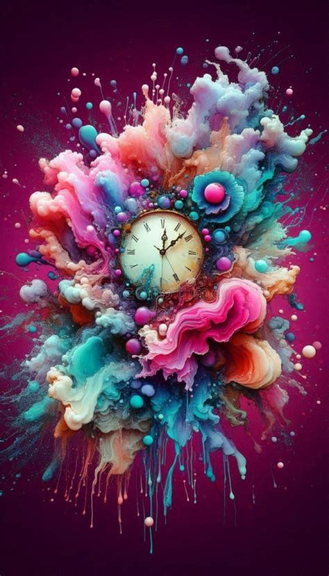 Surreal Alcohol Ink Painting Of A Melting Clock Dripping Into An Ocean
