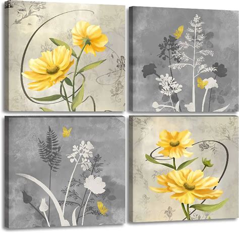 نقاشی دیواری با گل زرد و خاکستری 4 تکه دکور دیوار گلدار قدیمی نقاشی بوم