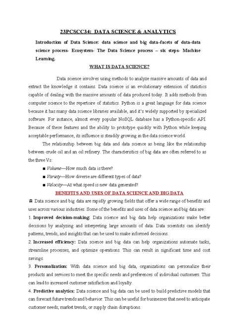 Unit 1 Datascience Rfdfd 23pcscc34 Data Science And Analytics Introduction Of Data Science