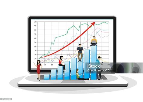 비즈니스 그래프 성장 개념 벡터 일러스트는 팀으로 일하고 성장 차트에 앉아 전문 사람들의 그림 랩톱을 사용하여 비즈니스를 개발하는 플랫 사람들 플랫 남녀 큰 노트북에 여자