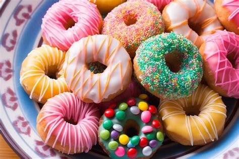 Premium Photo Assorted Mini Donuts Arranged In A Circular Pattern On A Cake Stand