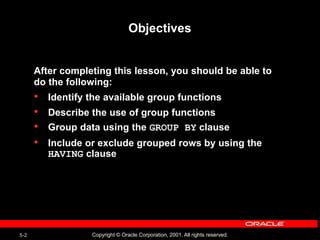 Oracle SQL Aggregating Data Les 05 Ppt
