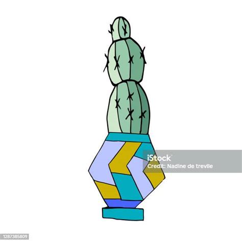 밝은 냄비에 하나의 귀여운 선인장은 흰색 배경에 고립되어 있습니다 축제 분위기 아늑한 집 하우스 플랜트 손으로 그린 홈 장식 낙서 스타일 일러스트레이션 0명에 대한 스톡