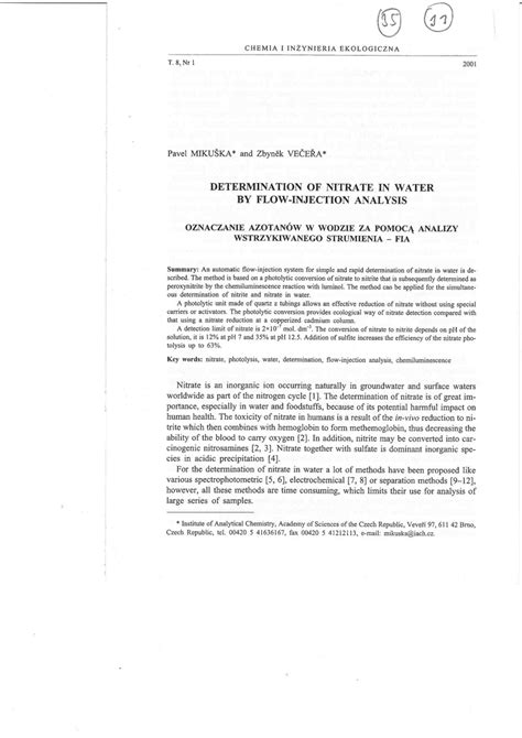 Pdf Determination Of Nitrate In Water By Flow Injection Analysis
