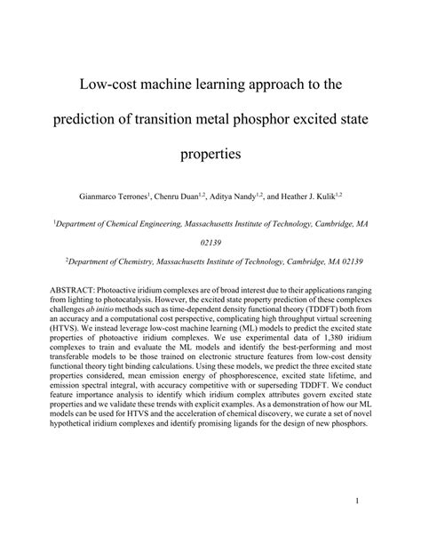Pdf Low Cost Machine Learning Approach To The Prediction Of Transition Metal Phosphor Excited