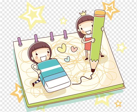 녹색 연필과 지우개를 들고 소녀 만화 연필 연설 풍선 그림 어린이의 창조적 인 일러스트 레이터 어린이 음식 텍스트