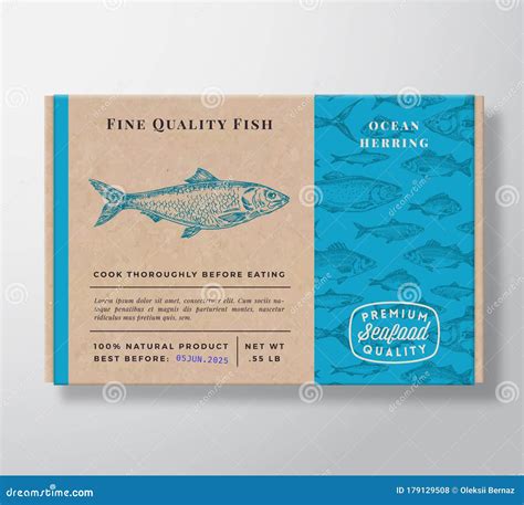 Fish Pattern Realistic Cardboard Container Abstract Vector Seafood