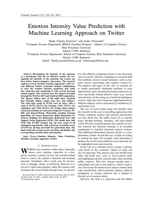 Pdf Emotion Intensity Value Prediction With Machine Learning Approach On Twitter