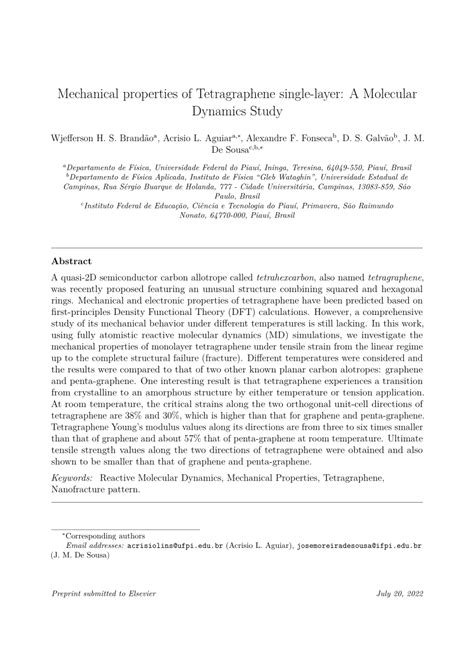 Pdf Fully Atomistic Molecular Dynamics Simulations Of Elastic Properties Of Tetragraphene