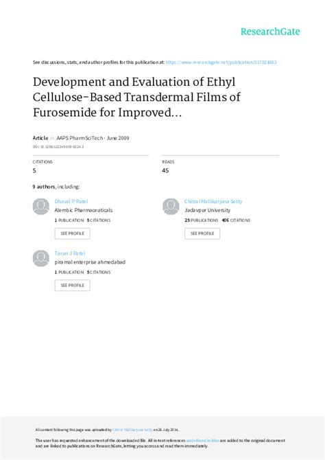 Pdf Development And Evaluation Of Ethyl Cellulose Based Transdermal Films Of Furosemide For