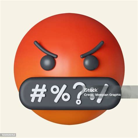 3d 화난 이모티콘 얼굴 입 위에 기호가 있는 이모티콘 얼굴 입을 덮는 기호가 있는 진지한 얼굴 빨간색 미친 심술궂은 아이콘은 회색 배경에 분리되어 있습니다 3d 렌더링