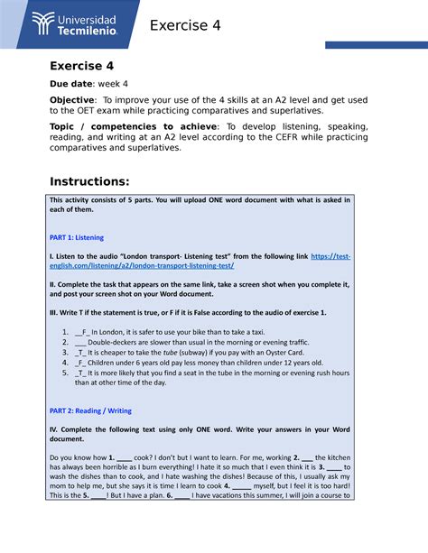 Workshop Topic 4 Exercise 4 Exercise 4 Due Date Week 4 Objective To