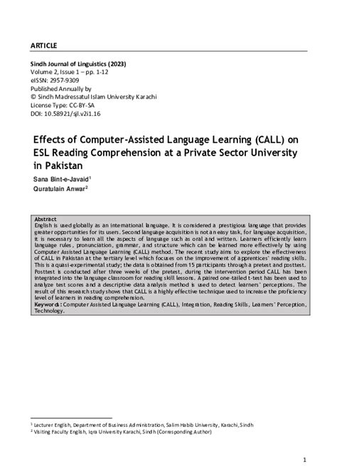 Pdf Effects Of Computer Assisted Language Learning Call On Esl