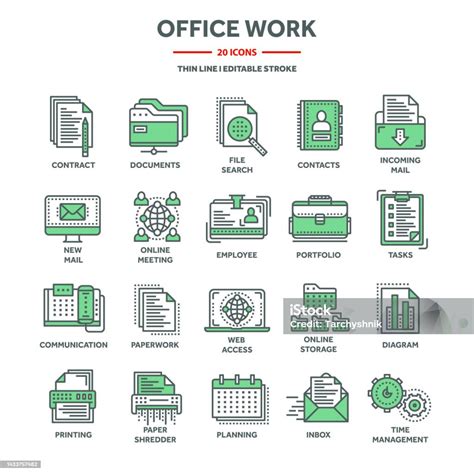 비즈니스 및 사무 업무 계획 및 스케줄링 일일 일정 직원 근무일 사무용 도구 및 문구 용품 문서 서류 작업 얇은 줄 웹 아이콘 설정 벡터 일러스트 레이 션 0명에 대한 스톡