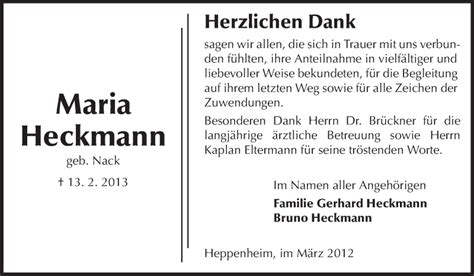Traueranzeigen Von Maria Heckmann Vrm Trauer De