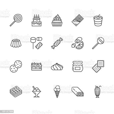 달콤한 음식 플랫 라인 아이콘을 설정합니다 페이스 트리 벡터 일러스트 사탕 초콜릿 바 밀크 쿠키 생일 케이크 마 시 멜로 디저트 메뉴에 대 한 얇은 서명 한다 픽셀 완벽