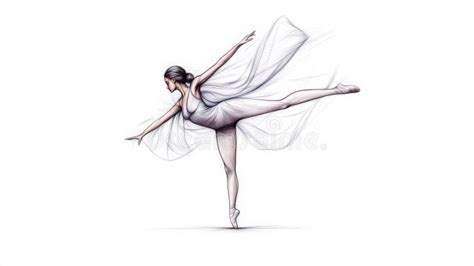 Elegant Female Ballerina In Graceful Pose With Flowing White Dress Artistic Illustration Stock