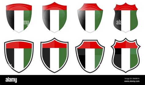 Vertical Uae Flag In Shield Shape Four 3d And Simple Versions United Arab Emirates Icon Sign