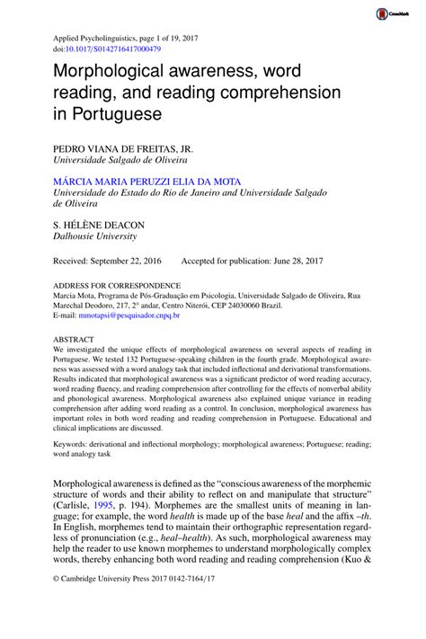 Pdf Morphological Awareness Word Reading And Reading Comprehension In Portuguese