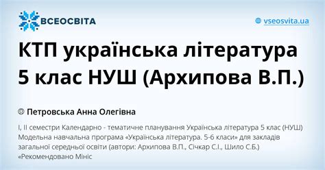 КТП українська література 5 клас НУШ Архипова В П КТП Українська література
