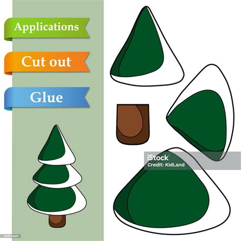종이 응용 프로그램 눈에서 만화 크리스마스 트리 가위를 사용하여 나무의 일부를 잘라 종이에 접착제 아이들을위한 쉬운 교육 논리